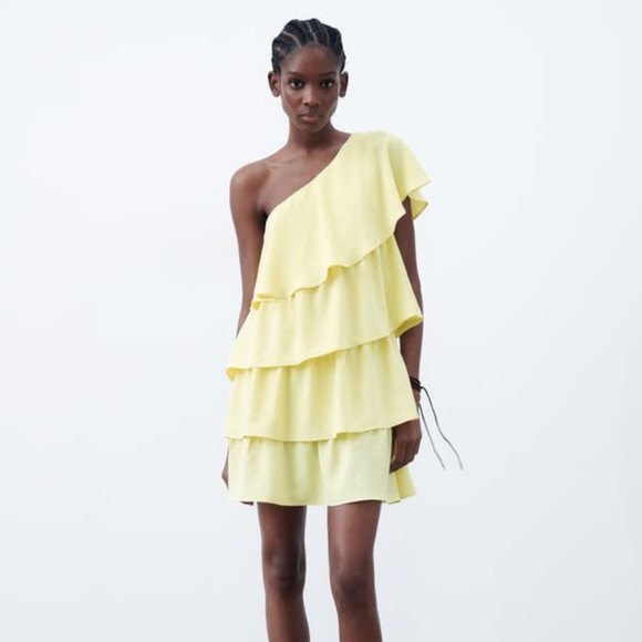 Zara | Dresses | Zara Yellow Asymmetrical Dress With Ruffles | Poshmark